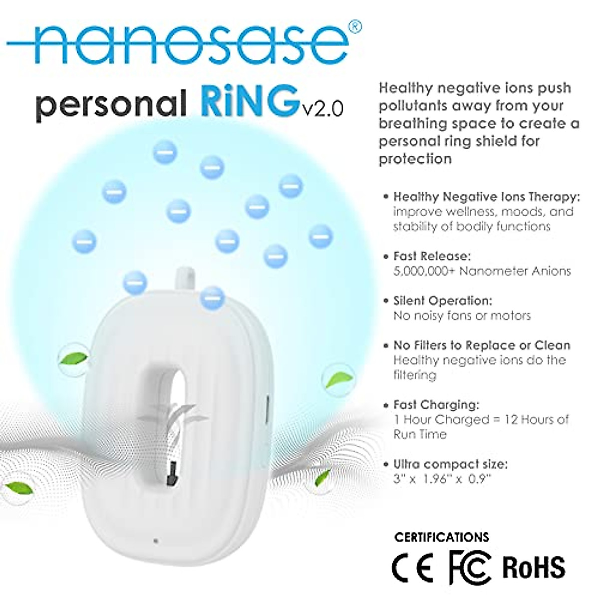 Nanosase ring personal air purifier necklace mini ionic wearable for Kids, Adults, healthy negative ion therapy, filterless mobile air ionizer by igozen (white, 1 pack)