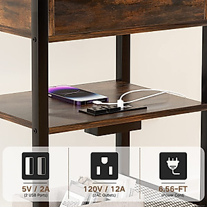 YAKANJ Modern Nightstand with Charging Station and Drawer,3-Tier Side Table End Table for Living Room,Bedroom,Narrow Sofa Table Bedside Table with Storage Shelf for Small Spaces-Brown