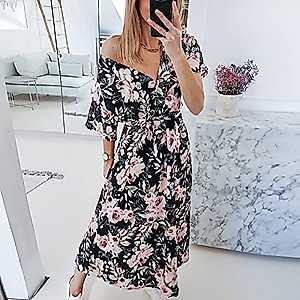 WYTong Women Boho Dresses Short Sleeve Deep V-Neck Casual Dress Pleated Waist Maxi Dress With Belt(Navy,Small)