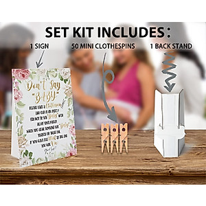 Don't Say Baby Baby Shower Game, Don't Say Baby Sign(Sign 8x10 Inch), Leafy Floral, 1 Standing Sign + 50 Clothespins(ds16)
