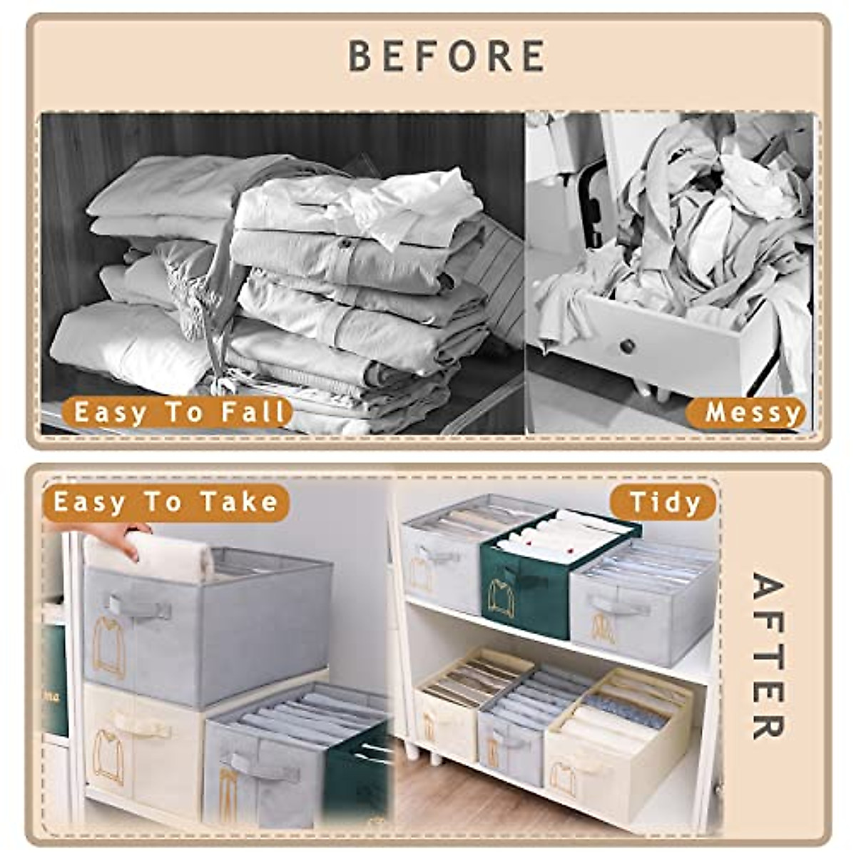 LVQING Clothes Drawer Organizers，Wardrobe Clothes Organizer Wardrobe Boxes with X-Large Compartments Clothes Organizer for Closet with Support Board Sturdy and Stackable Bins for Wardrobe