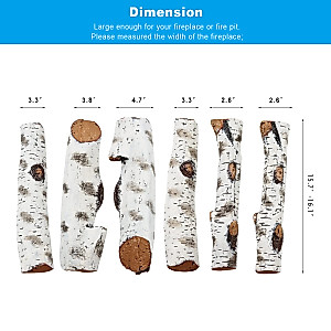 Gas Fireplace Log Set Ceramic White Birch for Indoor Insert, Vented, Propane, Electric Gas Fireplace, Linear Fire Pits Ceramic Fiber, Fireplace Decor Large Birch Logs for Smoke Hollow Grill, 6PCS