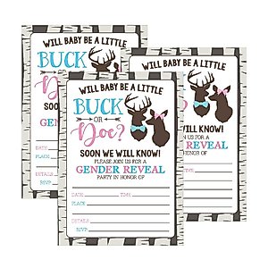 Hadley Designs 25 Buck or Doe Deer Gender Reveal Baby Shower Party Invitation Cards Pink Blue He She Personalized for Unisex Invite Guess If It's a Boy or Girl Fill In The Blank Printable Invite Pack