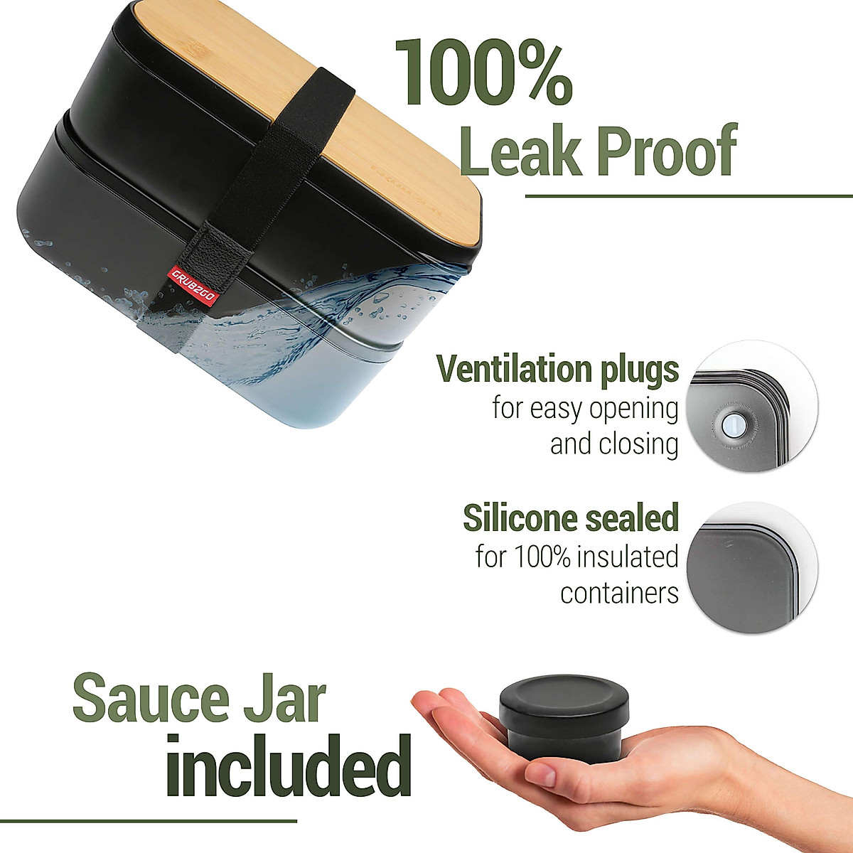 GRUB2GO Premium Bento Lunch Box (Large 68 Oz Capacity) | 2023 Exclusive, 70% Bigger | Includes Bamboo Chopping Board Lid, Carry Bag, 2 Dividers, Utensils, Sauce Container