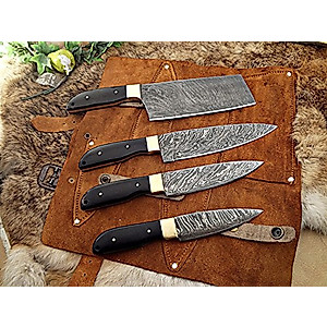 4 Pieces Chef Knives Set, Slicer, Chef, Cleaver Overall 37 inches Full Tang Hand Forged Damascus Steel Blade, Custom Made Leather Sheath