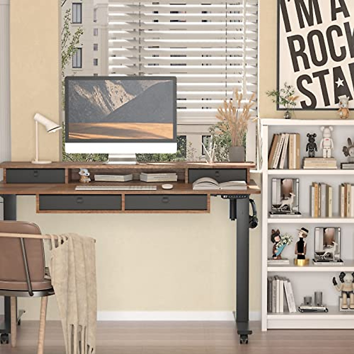ExaDesk Electric Standing Desk with 4 Drawers, 55 x 30 Inches Adjustable Desk with Storage Shelf, Stand Up Desk for Home and Office, Rustic Brown Top/Black Frame