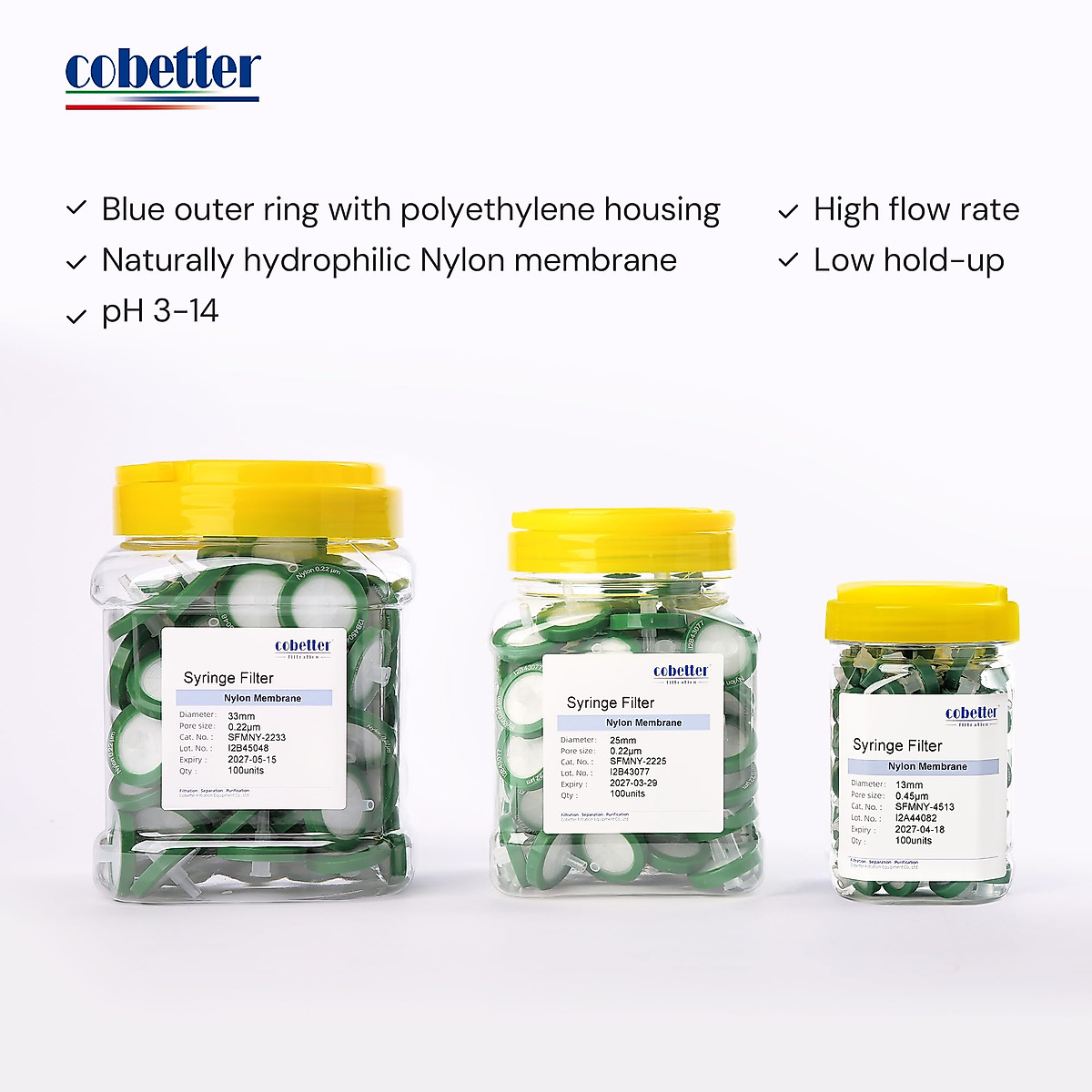 COBETTER 100 Pack Syringe Filter Nylon Lab Filters 0.22μm Pore Size 25mm Diameter Hydrophilic Filtration Non-sterile Green