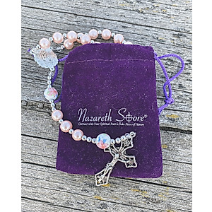 Nazareth Store Flowers Beads Rosary Necklace Crystallized Glass Pearl Beaded Rosary Miraculous Medal and Crucifix (Pink)