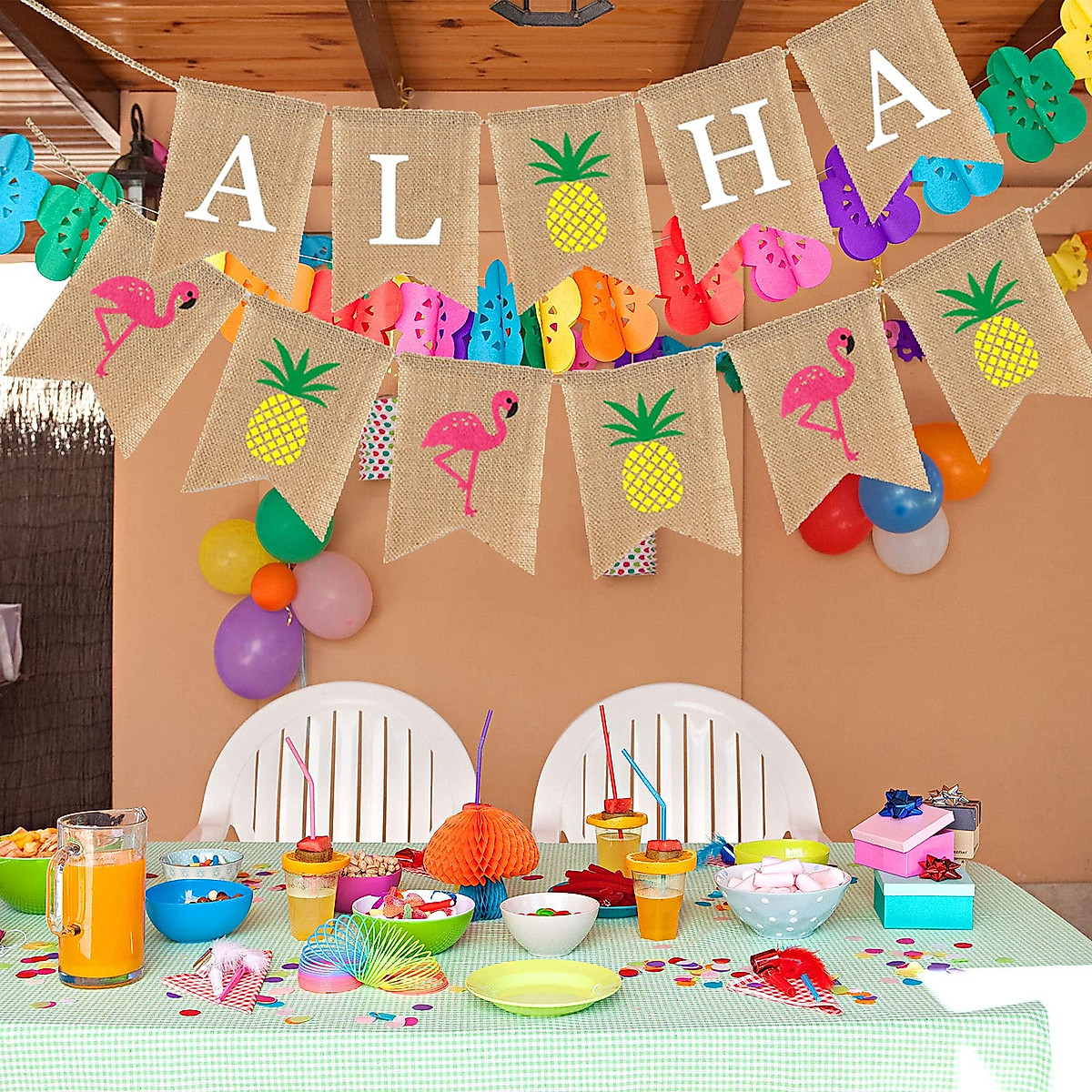 Whaline Hawaiian Aloha Burlap Banner Pineapple Flamingo Pattern Summer Garland Flag Pre-Assembled Tropical Theme Banner for Summer Beach Pool Barbecue Party Decoration Supplies, 2Pcs