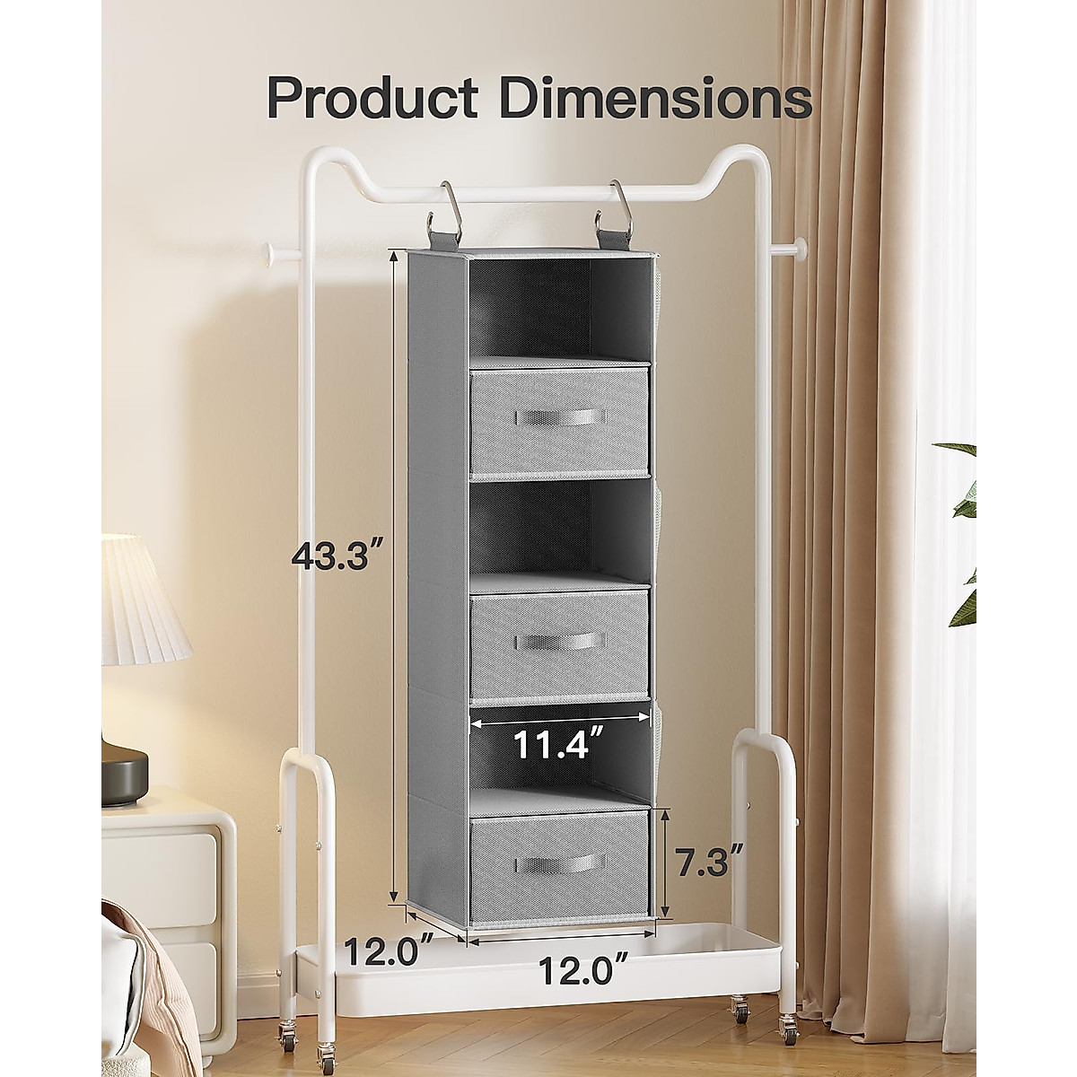 Pipishell Hanging Closet Organizer 6-Shelf, Hanging Shelves for Closet with 3 Removable Drawers & Side Pockets, Hanging Shelf Organizer for Bedroom or Garment Rack, 12'' x 12'' x 43.3'', Dark Gray