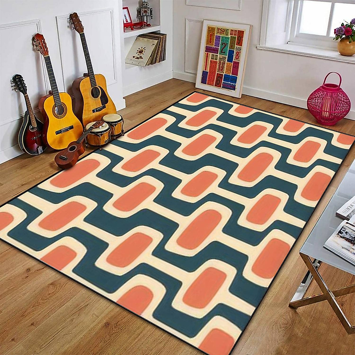 PeeNoke Mid Century Modern Atomic Age Blue Orange Cream Ideal for Fabric Area Rug Outdoor Patio Rug Play Mat Modern Floor Carpet Non-Slip Home Decor Living Room Kids Bedroom Nursery, 6x9 ft