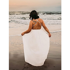 Ladmous Women's V Neck Floral Lace Wedding Dress Backless Bridesmaid Evening Party Maxi Dress White，S