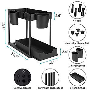 Jianyana Under Sink Storage and Organizer, Black Under Bathroom Cabinet Organizer with Hooks Hanging Cup Slide Drawers,2-tier Multi-purpose Large Capacity Kitchen Storage Shelf