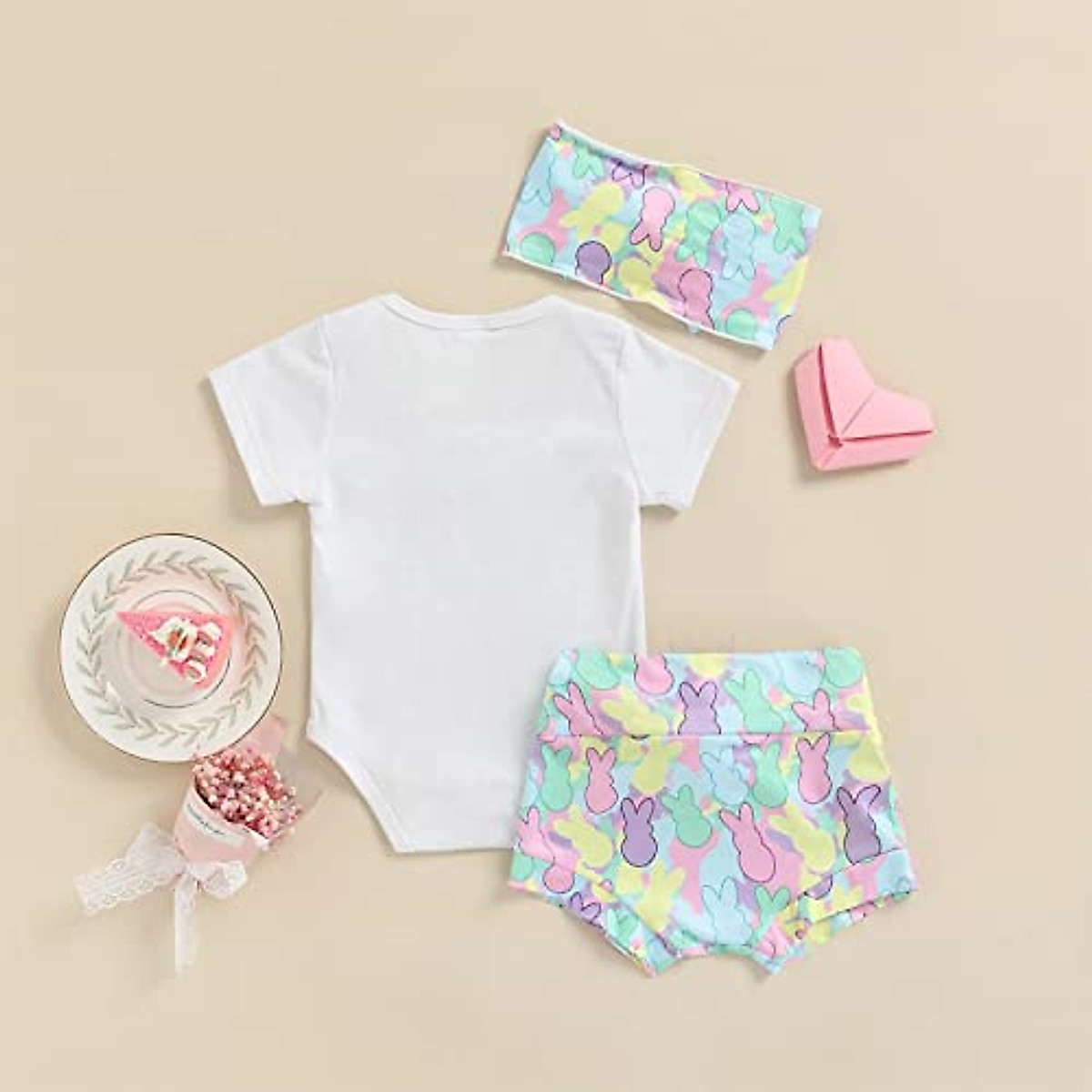Infant Baby Easter Bunny Shorts 3 Piece, Short Sleeve Romper/Tops Rabbit Pattern Printed Elastic Waist Shorts with Headband