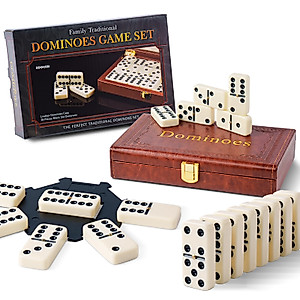 ZOOCEN Double 6 Dominoes Set in Leatherette Case (28 Tiles with Spinner), Ivory