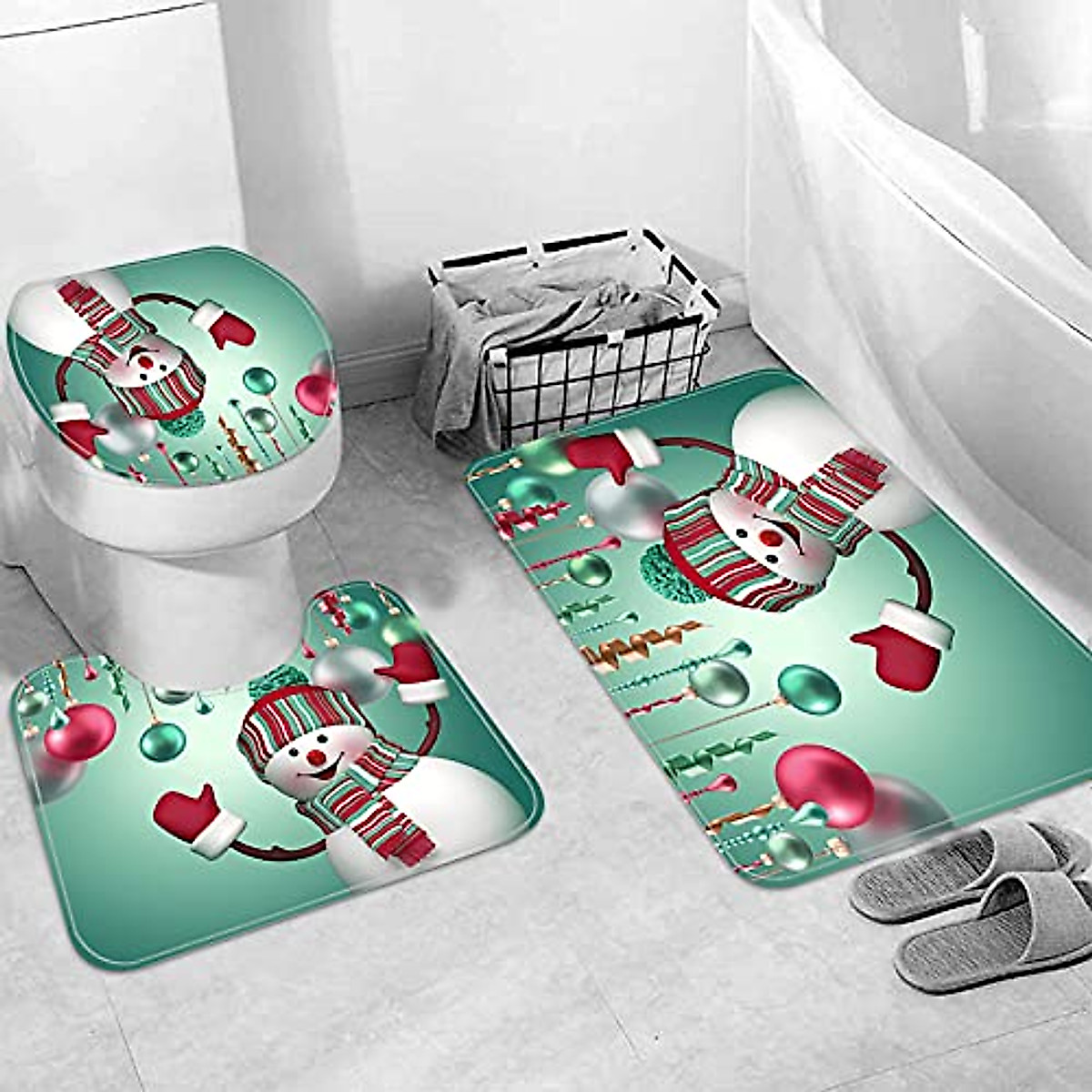 NEWSUYAA Christmas Shower Curtain for Bathroom, 4 PCS Merry Xmas Santa Claus Elk Snowman Bath Decor with Hooks 72x72 Inch (Dark Blue)