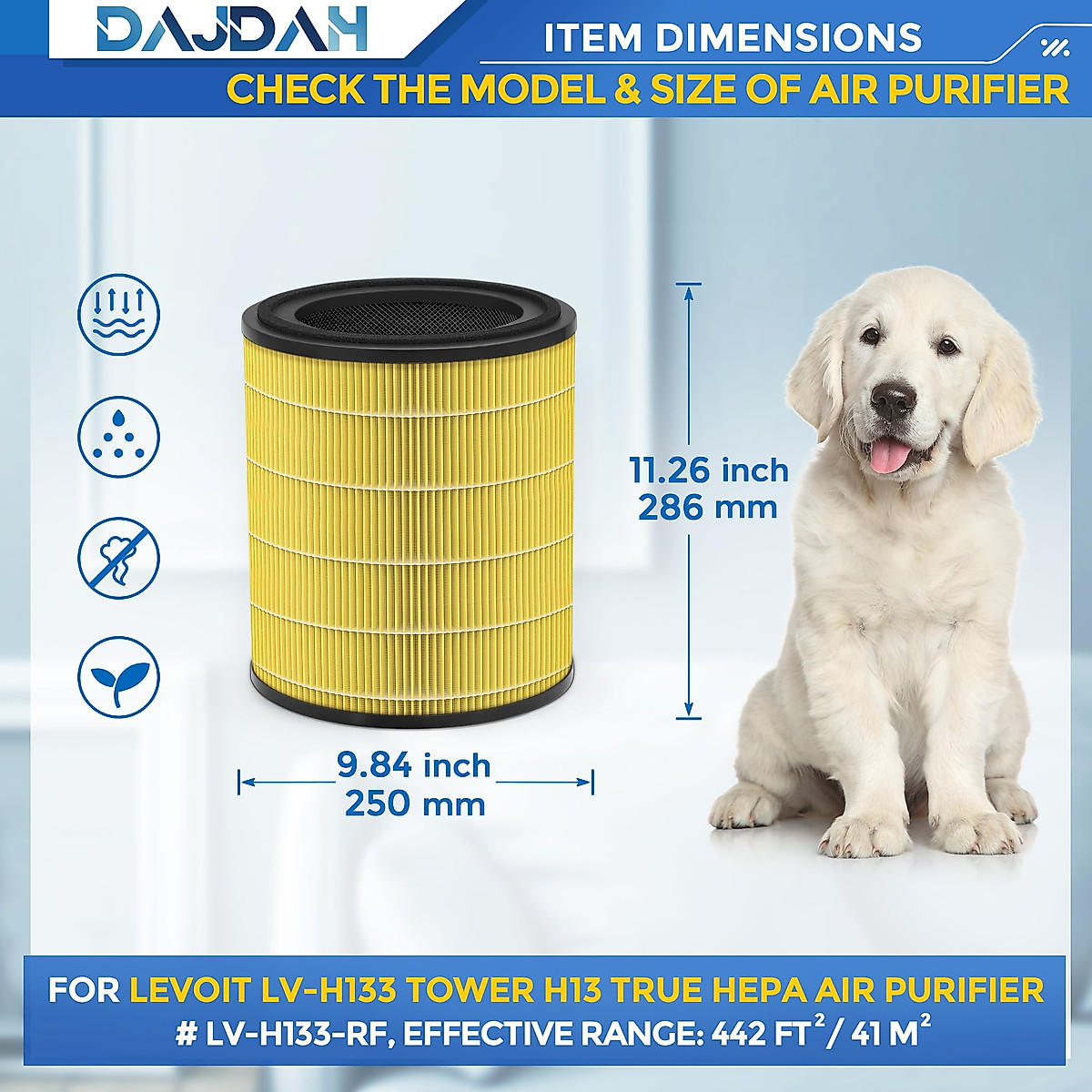 LV-H133 Pet Allergy Replacement Filter Compatible with Levoit Air Purifier Replacement Filter LV-H133-RF and Levoit LV-H133 Air Purifiers for home large room and bedroom, H13 True HEPA Filter, 1-Pack