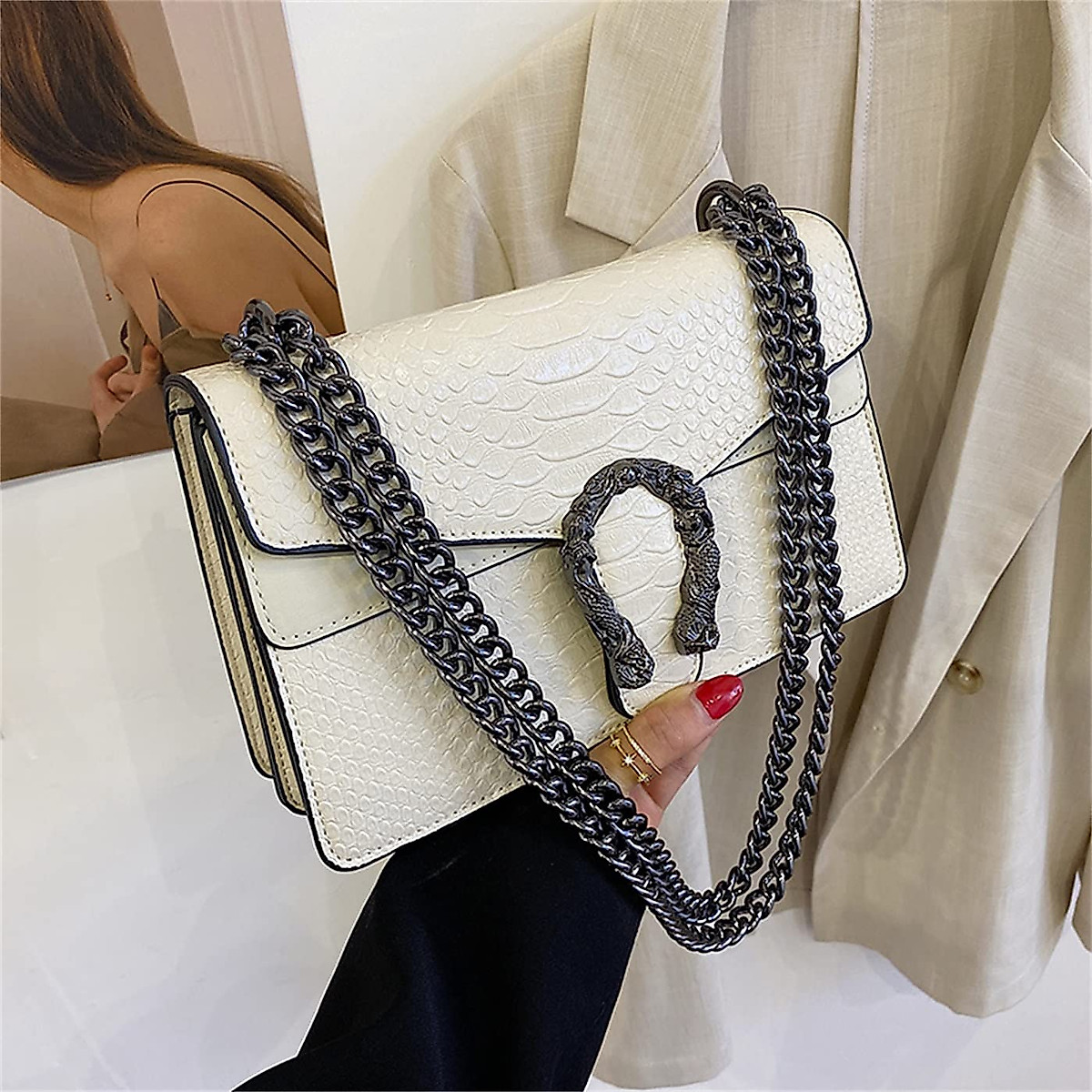 Crossbody Bags for Women Shoulder Hangbag Snake Printed Leather Small Square Satchel Purse Metal Chain Strap Clutch