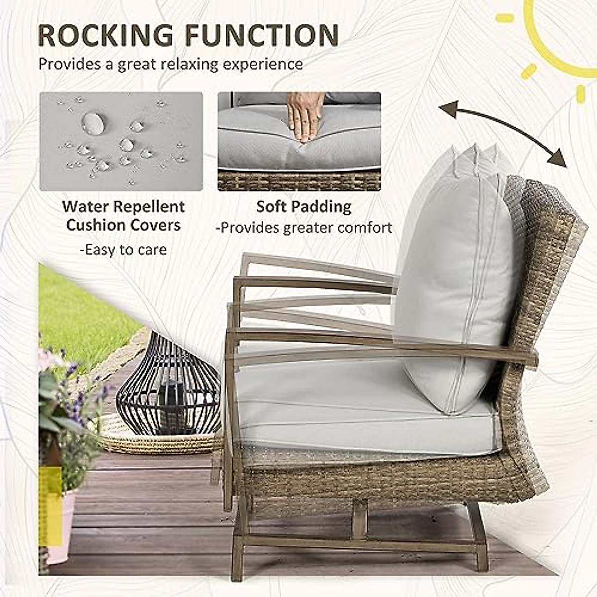 Outsunny 3-Piece PE Rattan Patio Furniture Set with Rocking Chairs and Bistro Coffee Table, Outdoor Wicker Rocker Conversation Set with Cushions for Balcony, Porch, Poolside, Yard, Garden - Gray