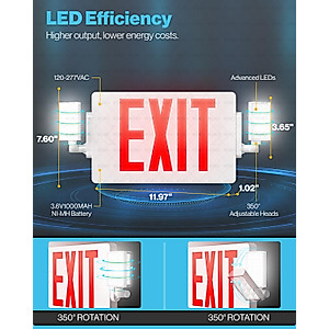 Sunco 12 Pack Red Exit Signs With Emergency Lights, Two Adjustable LED Lights, 94V-0 Fire Resistant, Backup Battery, 120-277V, Wall Or Ceiling Mount, Commercial Grade Double Sided UL