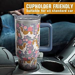Cavalier King Charles Spaniel Gifts for Women Dog Lovers 40 oz Floral Cavalier King Charles Spaniel Tumblers with Handle and Straw, Stainless Steel Vacuum Insulated Travel Coffee Mug Cup Water Bottle