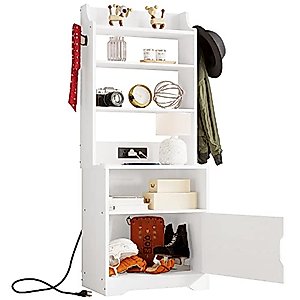 LIKIMIO Night Stand 55" Tall, End Side Table with with Charging Station and Storage Cabinet, Small Bookshelf, for Living Room Office Bedroom, Industrial White
