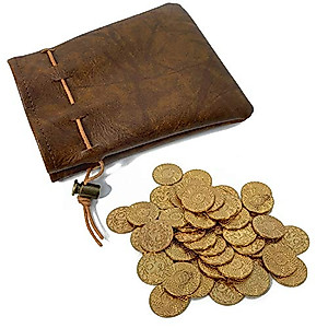 50 DND Fantasy Metal Gold Coins & Leather Pouch for Dungeons & Dragons Novelty Tabletop RPG Board Games Tokens Treasure Coins for Party Tablelap Games Accessories Addons Medieval Game Retro Props