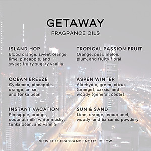 Get Away Gift Set of 6 Premium Grade Fragrance Oils - Island Hop, Ocean Breeze, Tropical Passion Fruit, Aspen Winter, Instant Vacation, Sun & Sand - 10Ml - Scented Oils