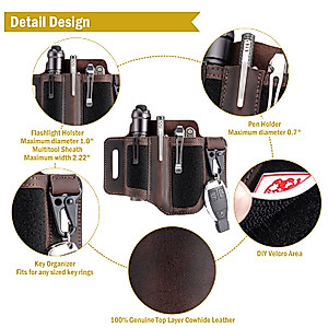 VIPERADE PL3 Multitool Sheath, Leather Sheath with DIY Patch Area, EDC Pocket Organizer for Men, Leatherman Sheath Flashlight Holder with Pen Holder, EDC Belt Organizer with Key Holder (A-Dark Brown)