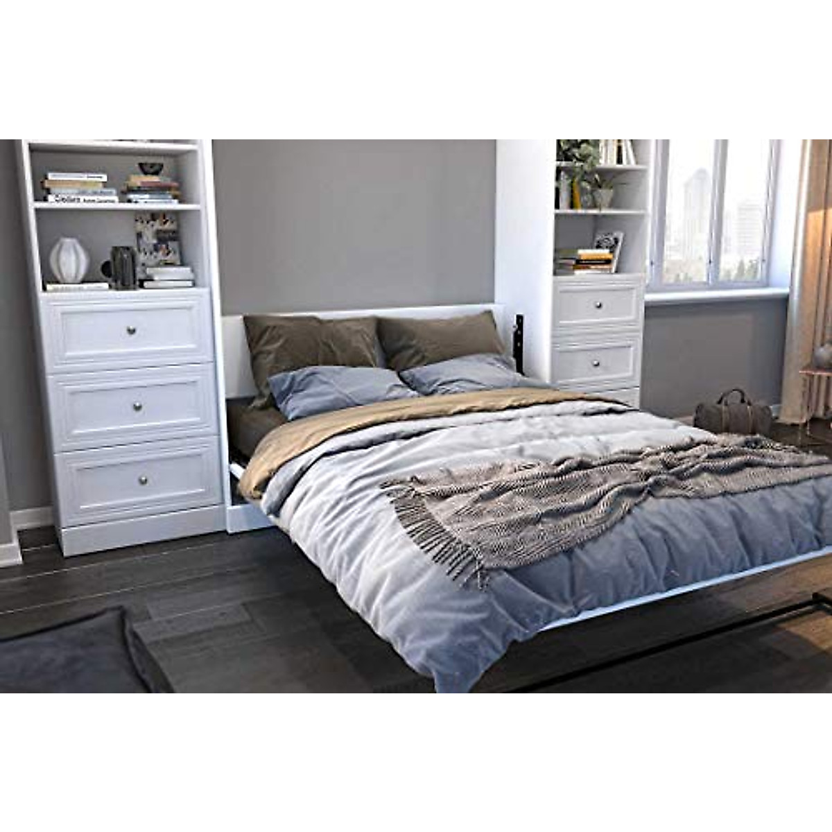 Bestar Versatile Queen Murphy Bed and 2 Shelving Units with Drawers (115W) in White