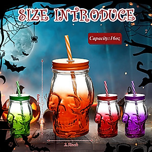 4 Pcs Halloween Skull Mason Jars with Lids 16 Oz Halloween Drinking Glasses with Skull, Skull Mason Jars with Straw, Mason Jar Cup for Halloween Party (Set of 4, Orange, Purple, Red and Green)