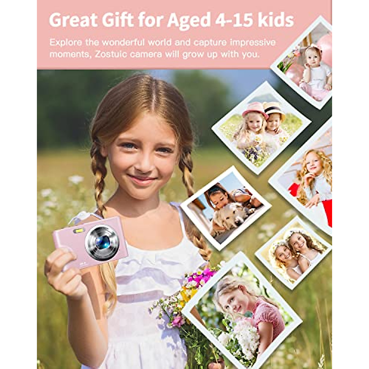 Digital Camera, Zostuic Autofocus 48MP Kids Camera with 32 GB Card Vlogging Camera with 16X Zoom, 1080P Compact Portable Mini Cameras for 4-15 Year Old Kid Children Teen Student Girls Boys(Pink)