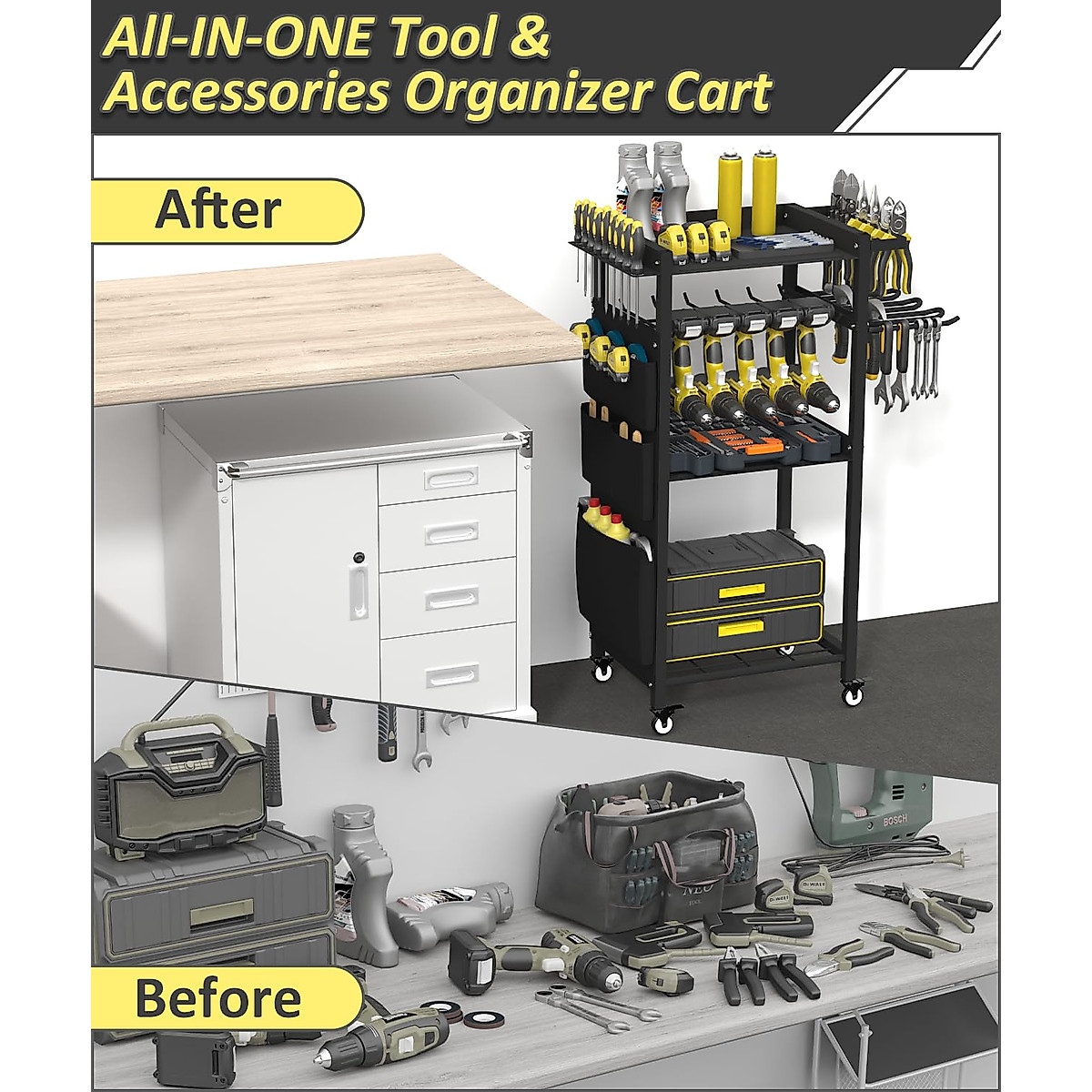 Artibear 4-Tier Rolling Power Tool Organizer Storage Cart, Garage Organization on Wheels Tool Cart with Drill Set Rack Shelf, Mechanic Utility Cart for Workbench & Outdoors Working, Gift for Men Dad
