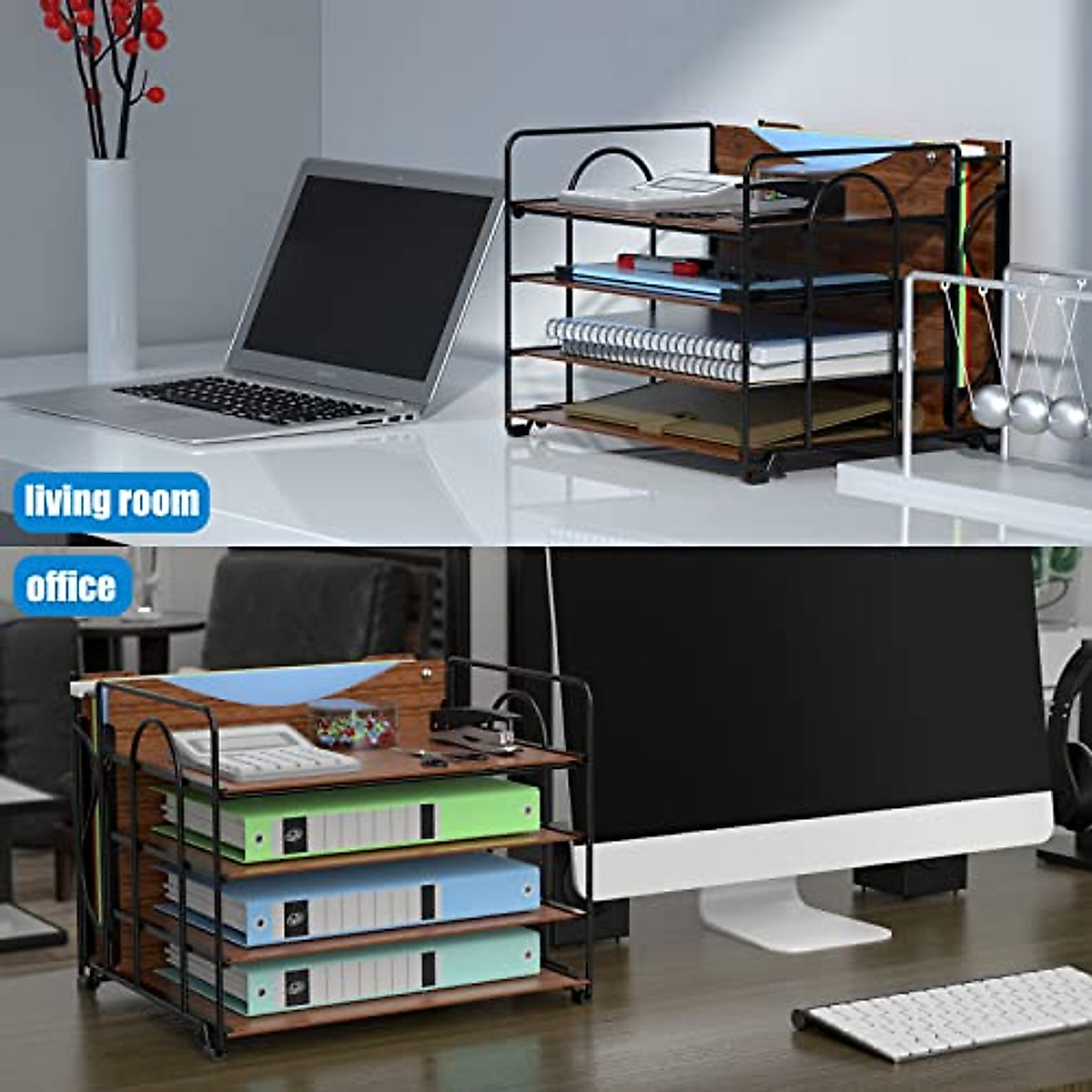 Aimeaihe Desk File Organizer, 4-Tier Desk Organizers Wood with 5 A4 File Folders, Letter Size Office Organizers for Desk, Letter Paper Tray Organizer for Office, School, Home, Black