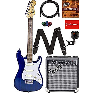 Fender Squier 24-Inch Short Scale Strat Pack - Transparent Blue Bundle with Frontman 10G Amplifier, Instrument Cable, Strap, Picks, Online Lessons, and Austin Bazaar Instructional DVD