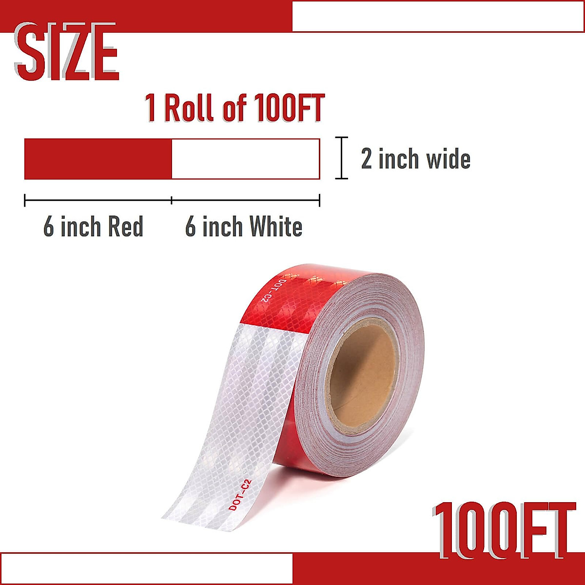 THKULKME DOT-C2 Reflective Tape 2 Inch X 100 Feet Red White Reflector Adhesive Conspicuity Outdoor Waterproof Tape for Trailers, Trucks, Vehicles, Driveway, Boats, Signs (100 FT)