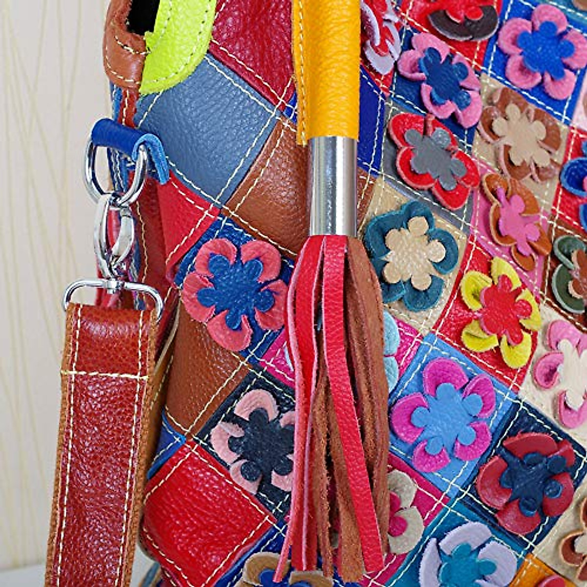 Downupdown Women Handbags Genuine Leather Tote Bag 3D-Flower Shoulder Bag Multicolor Splice Totes Satchel Purse with Tassels