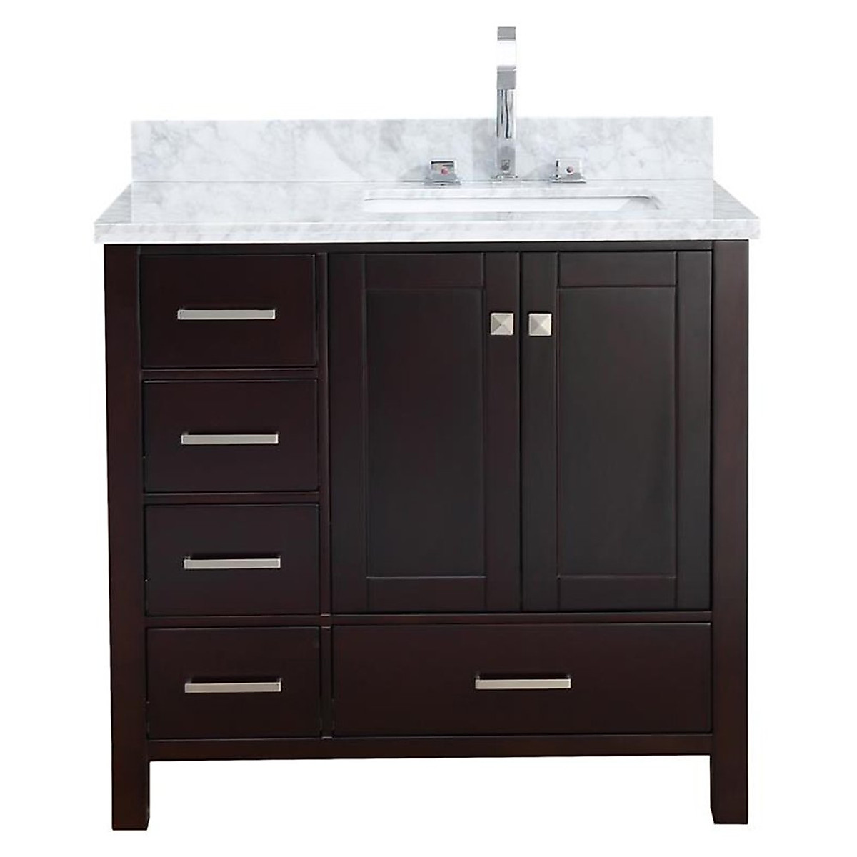 ARIEL Cambridge A037SRCWRVOESP 37” Inch Single Right Offset Rectangular Sink Solid Wood Espresso Bathroom Vanity with 1.5" Inch Edge White Carrara Marble Countertop