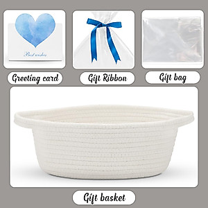 POIVOCF Small White Woven Basket 12"x 8"x 5" - Empty Gift Basket with Bags, Ribbons & Greeting Card