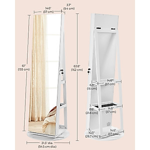 SONGMICS 6 LEDs Lockable Mirror Jewelry Cabinet, 360° Swivel Jewelry Organizer, Standing Jewelry Armoire, Frameless Full-Length Mirror, 3 Storage Shelves,Christmas Gifts, White Surface,