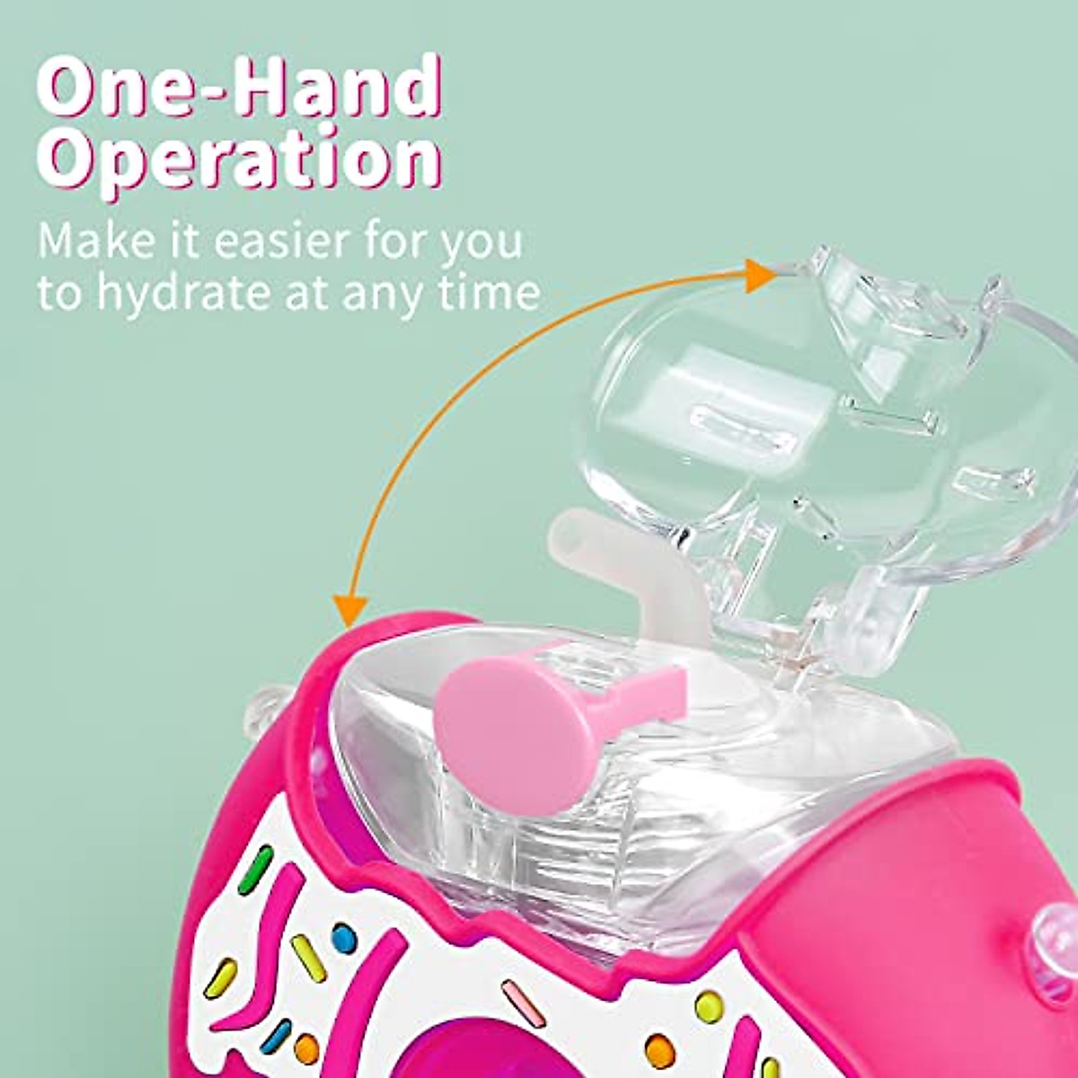 PHEENOWL 380ml Donut Water Bottle with Straw for Kids, BPA Free & Leak Proof Sports Cup with Straw, Toddler Drink Bottle with Shoulder Strap for Outdoor and School (Pink)