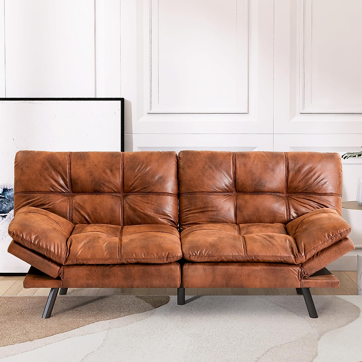 Hcore Convertible Futon Sofa Couch,3” Memory Foam Splitback Sofa,Brown Faux Leather Memory Foam Loveseat,Small Euro Lounger Sofa for Compact Living Spaces,Apartment,Studio,Office/Cushion Thickening