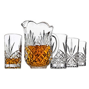 Elegant Crystal Pitcher Drinkware Set with 4 Crystal highball Tumblers, Beautiful Jug with handle and Spout for Chilled Beverage Homemade Juice, Iced Tea or Water