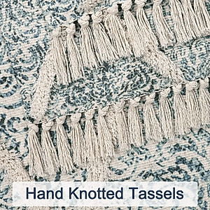 Uphome Boho Area Rug 4' x 6' Washable Vintage Printed Living Room Rug Blue Tufted Distressed Bedroom Rug with Tassels Cotton Farmhouse Floor Carpet for Dining Entryway Kids' Room