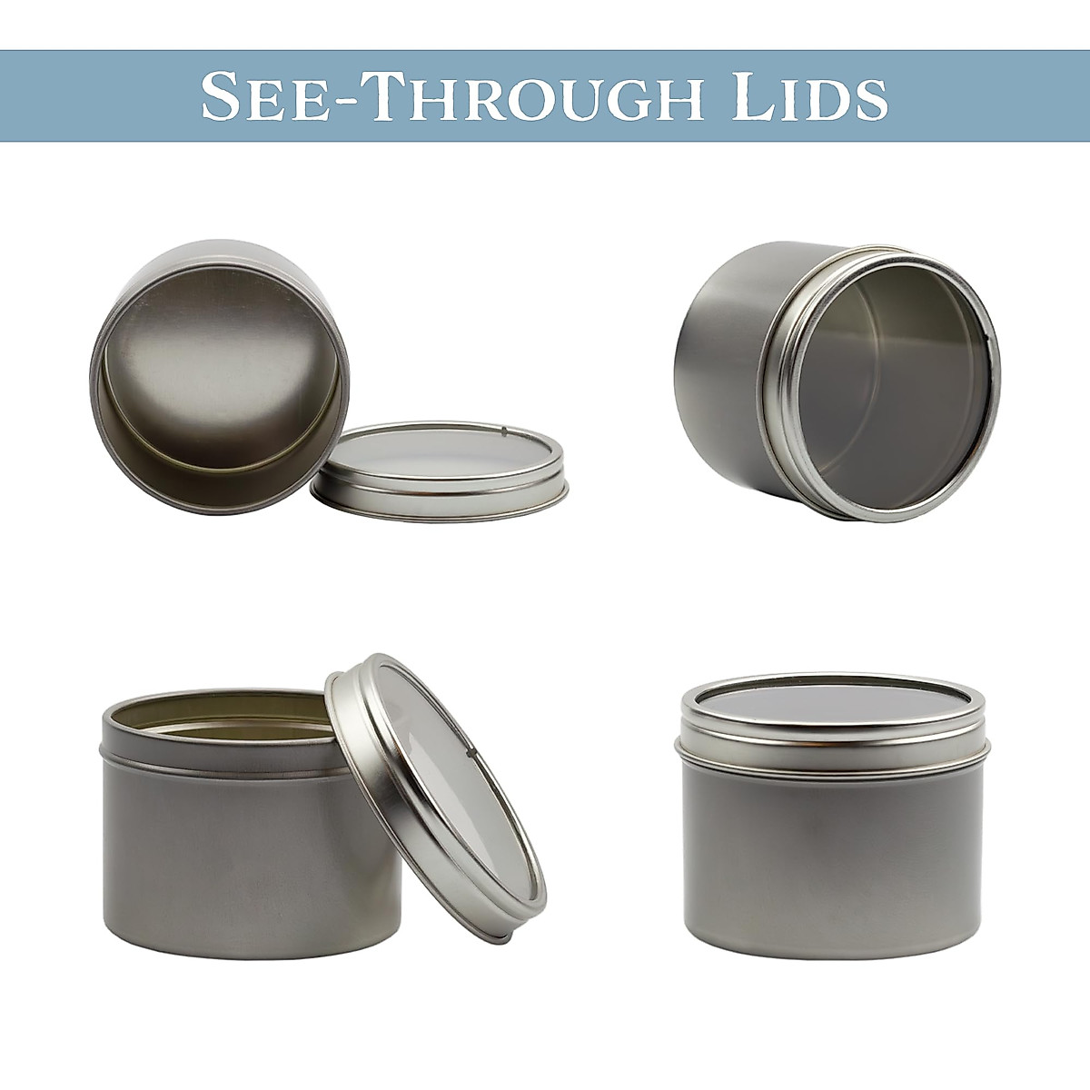 Cornucopia Brands 4-Ounce Round Metal Tins w/View Window Lids (12-Pack); Silver Tins w/Clear Lids
