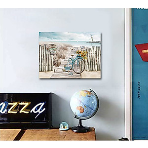 LAIART Beach Canvas Wall Art for Bathroom With Fence Wooden Path Bike Decor Lighthouse Print Pictures Artwork (11"x15")