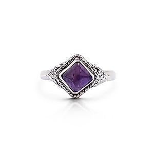 Koral Jewelry Amethyst Vintage Gipsy Small Ring 925 Sterling Silver Square Stone Boho Chic US Size 5 6 7 8 9 (7.5)
