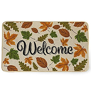 Welcome Fall Doormat 17 x 29 Inch, Seasonal Autumn Plant Maple Leaf Decorative Rugs Non-Slip Rubber Backed Entryway Door Mat for Indoor Outdoor Entrance Floor DM085