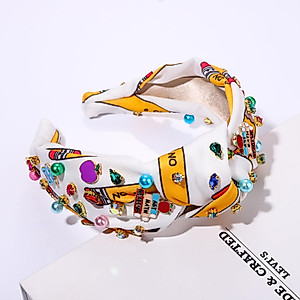 boderier Teacher Headbands for Women Pearl Crystal Knotted Headband Pencil Apple Embellished Headband Back to School Hair Accessory Teacher Appreciation Gifts (Crystal Beaded Charms)