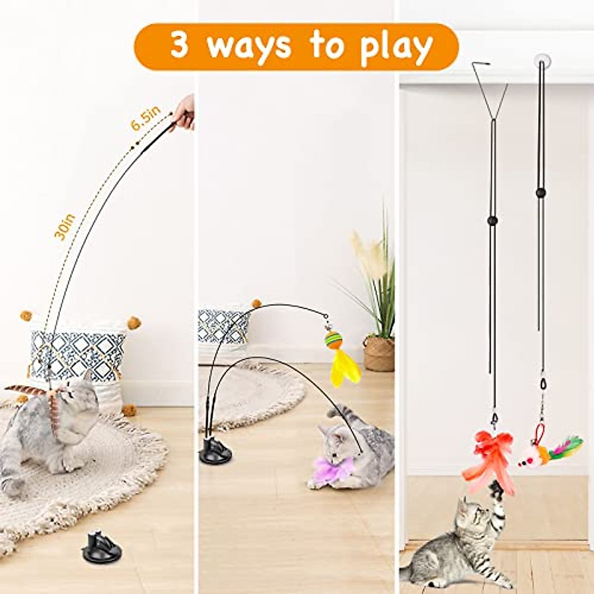 HOSFROLL Cat Toys Wand, Interactive Cat Toy with Super Suction Cup Sticky Detachable 12 PCS Feather Replacements 2 Wands Cat Spring Feather Toys for Indoor Cats Kitten Toys (8 Toys Double Headed)